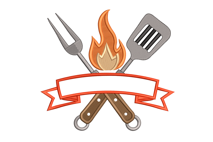 BBQ Grill Tools & Flame Banner Embroidery Design – Customizable Machine ...