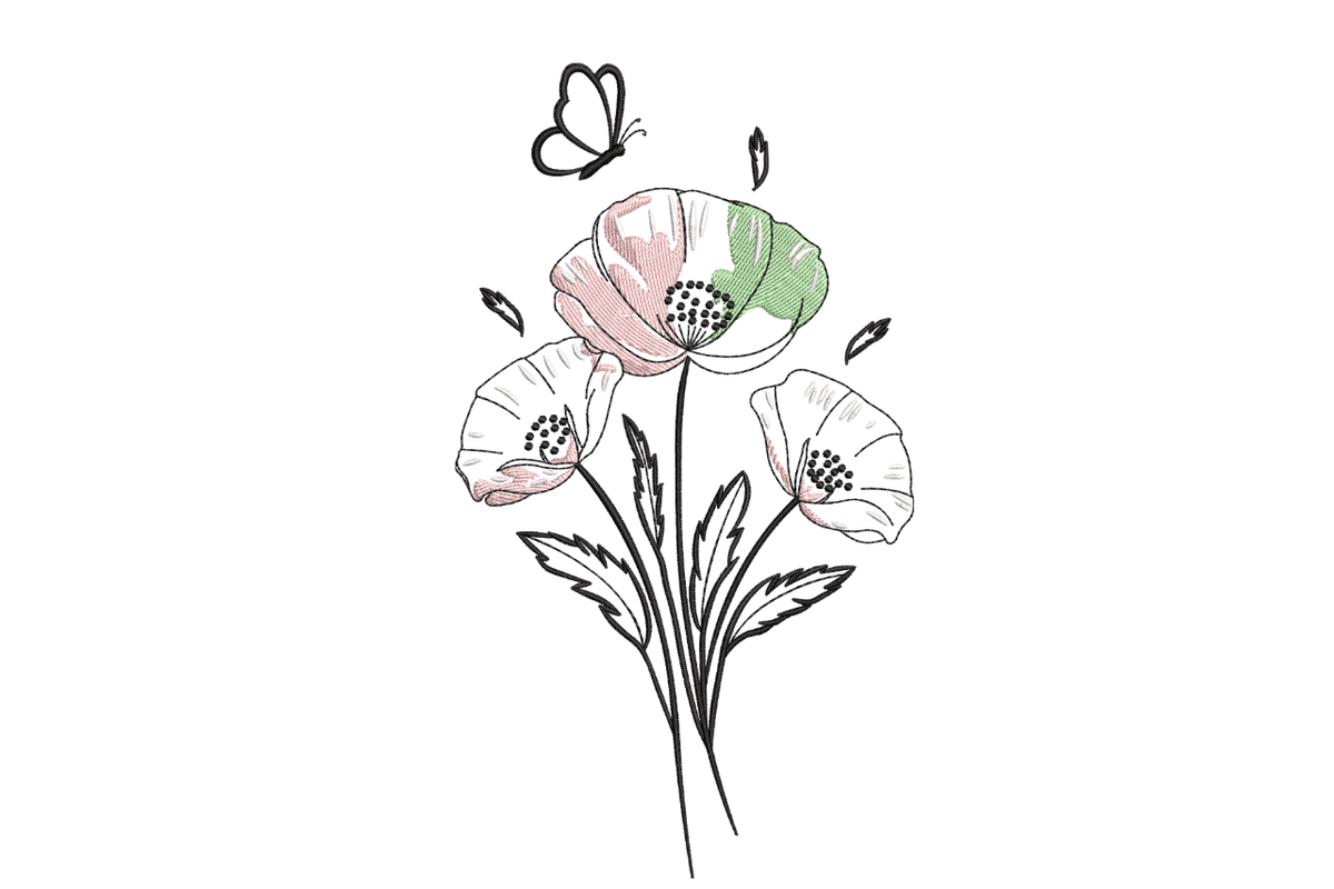 Poppy Flowers & Butterfly – Machine Embroidery Design | Embroidize