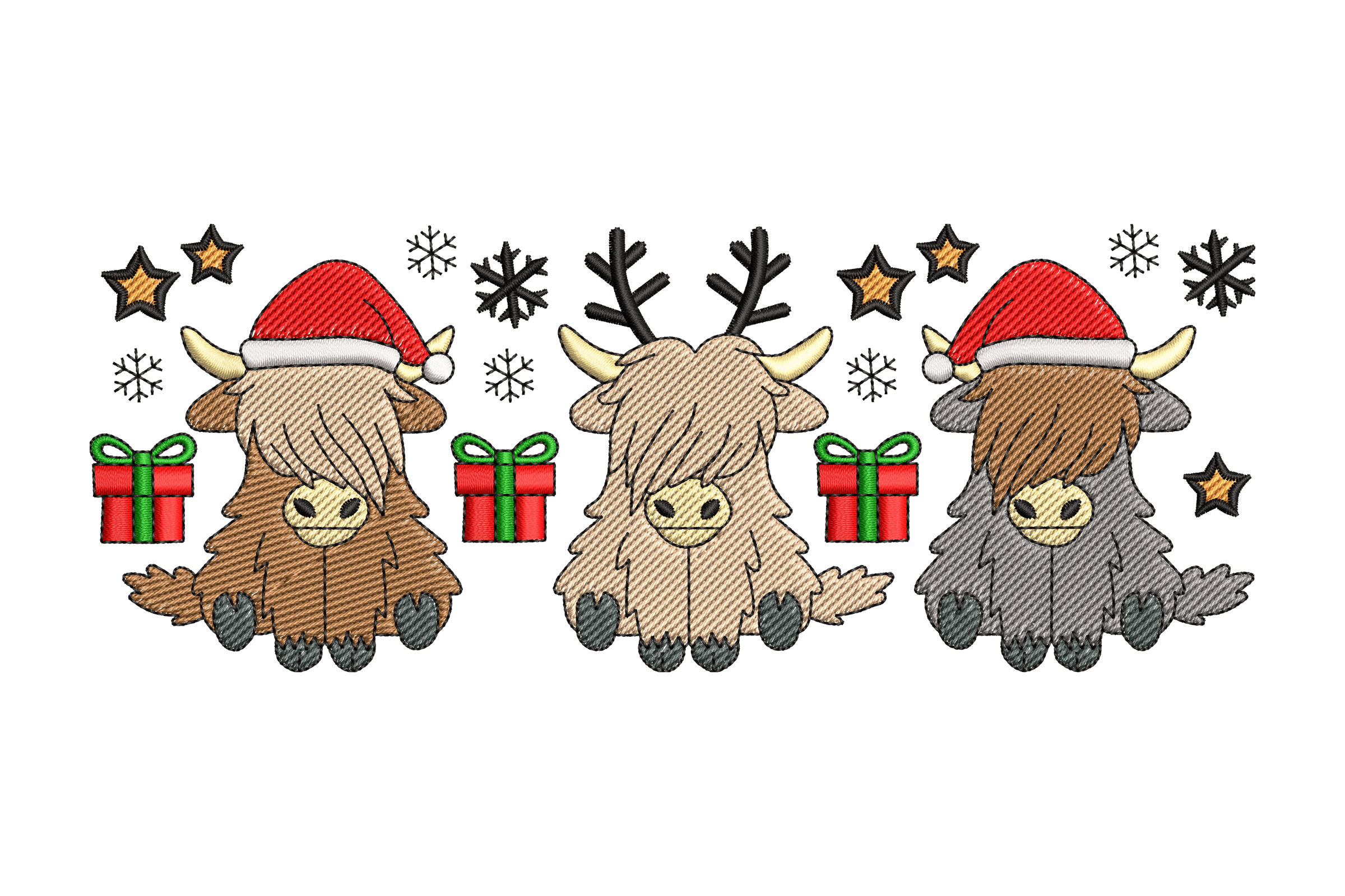 Highland Cow Christmas Trio – Cute Farm Embroidery Design | Embroidize