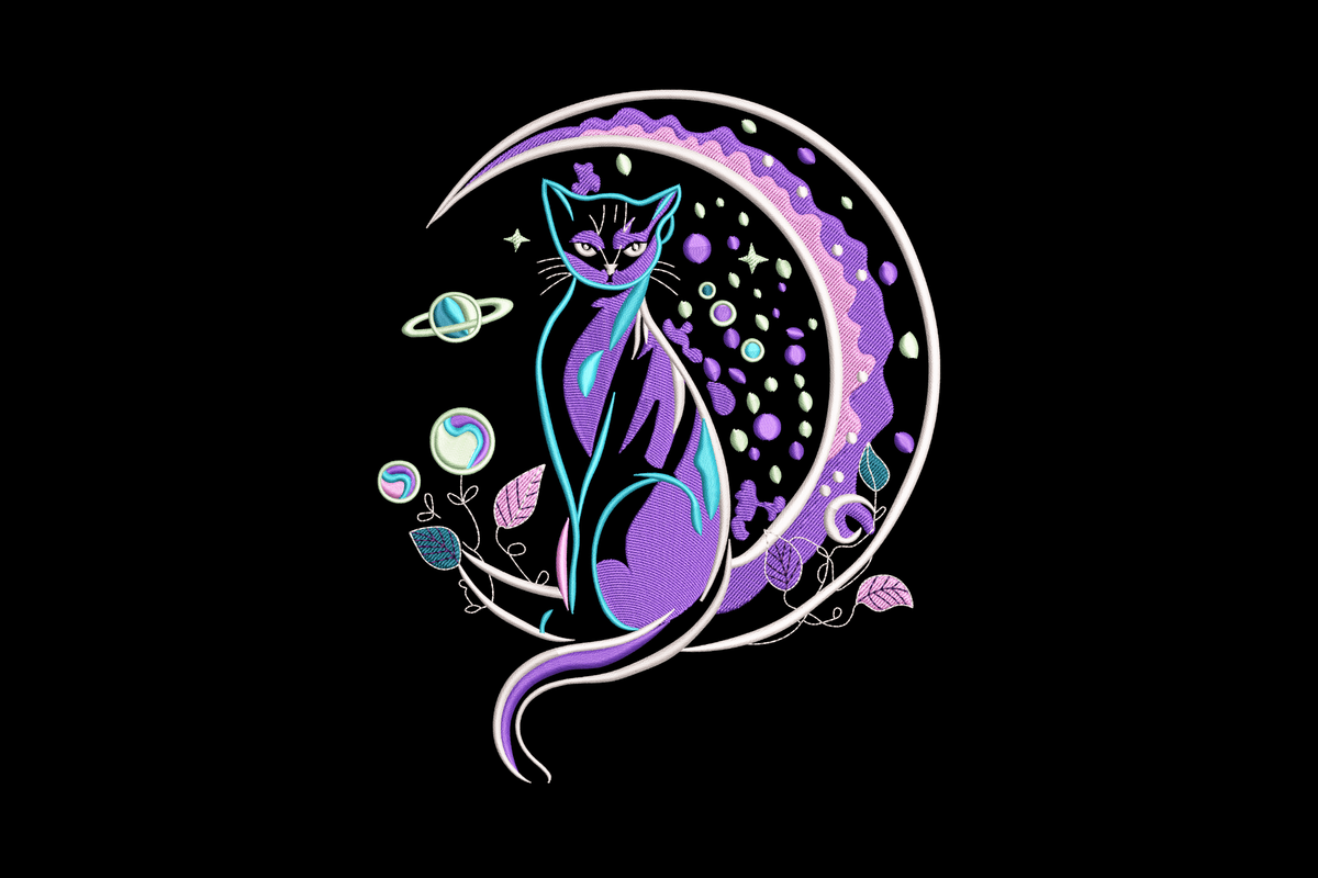 Celestial Cat on Moon – Machine Embroidery Design | Embroidize