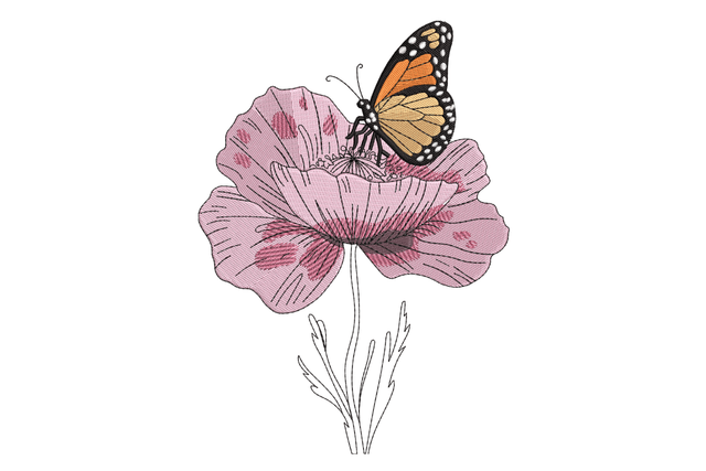 Monarch Butterfly & Poppy – Botanical Embroidery Design | Embroidize