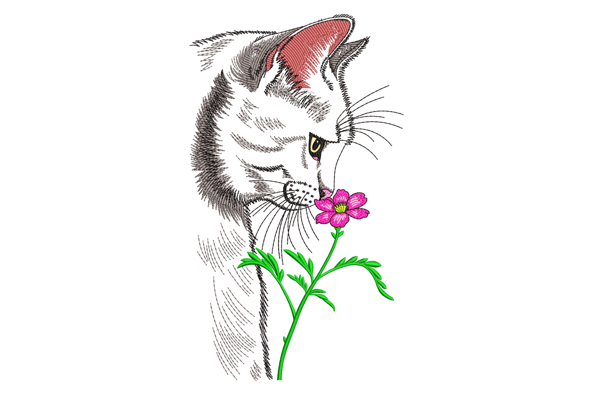Cat Smelling Flower – Machine Embroidery Design | Embroidize
