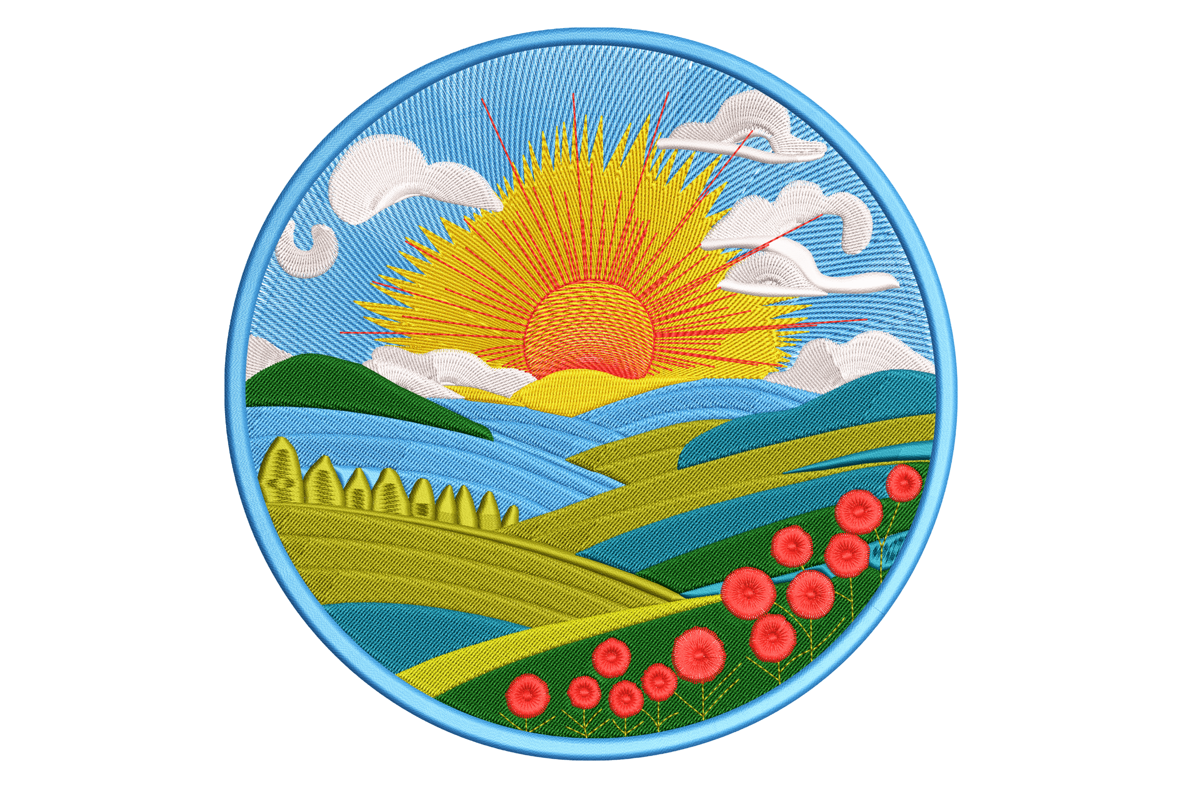 Sunrise Valley Patch – Round Landscape Machine Embroidery Design ...