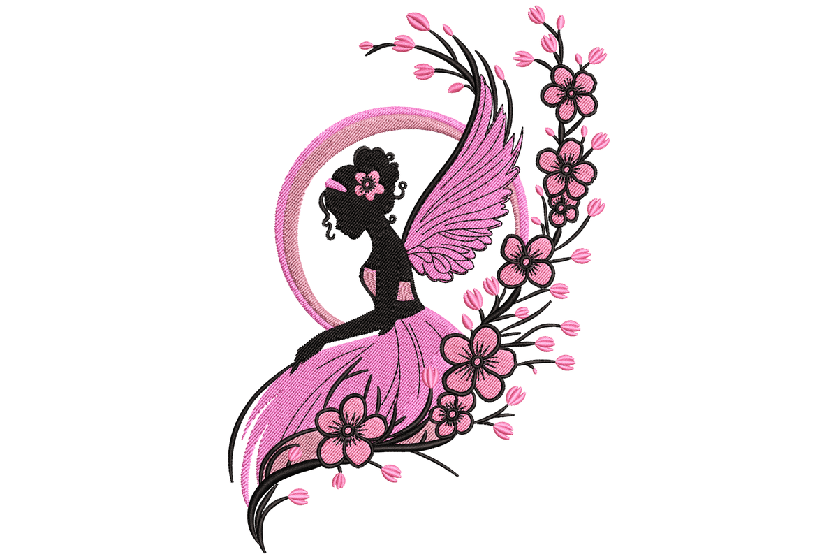 Pink Fairy Silhouette with Floral Wings – Embroidery Design | Embroidize