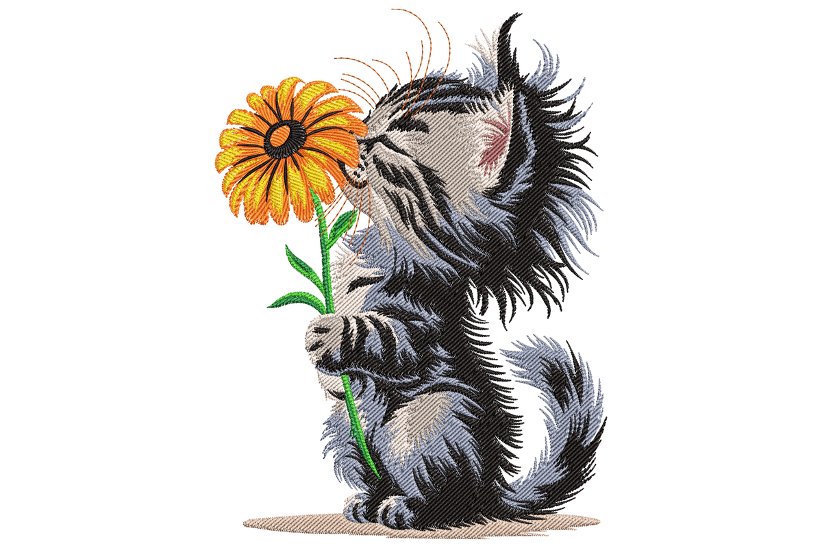 Cute Kitten with Flower – Sweet Machine Embroidery Design | Embroidize
