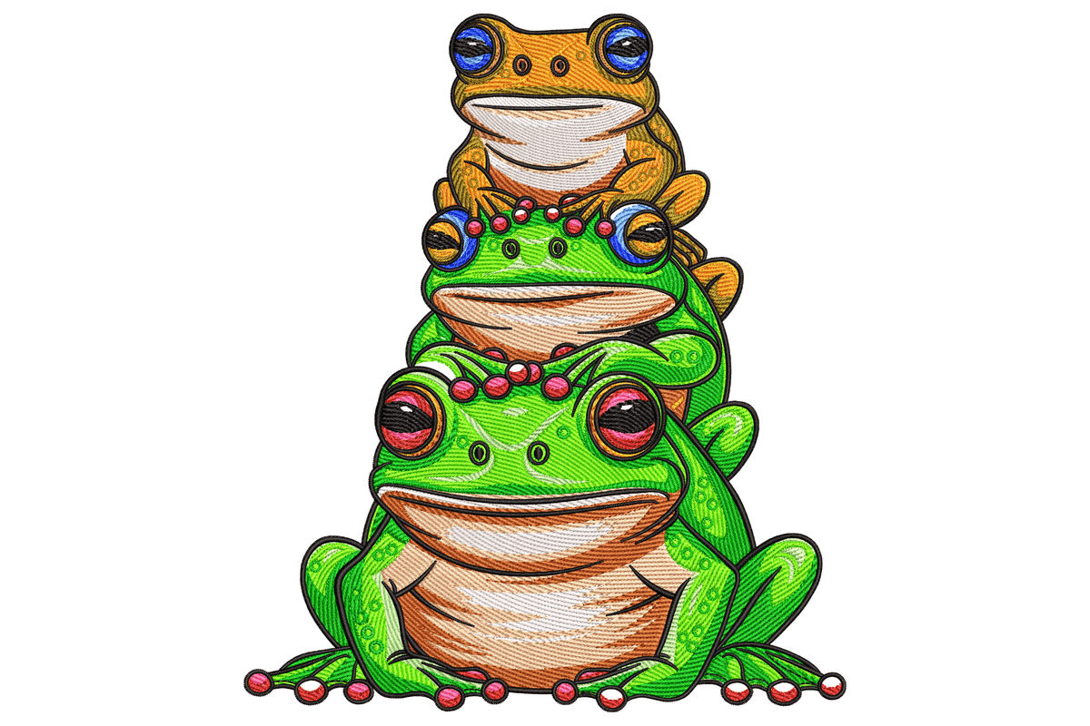 Stacked Colorful Frogs – Fun Machine Embroidery Design | Embroidize