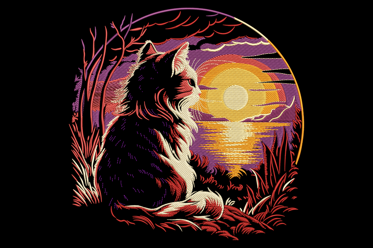 Sunset Cat Silhouette – Mystical Landscape Machine Embroidery Design ...