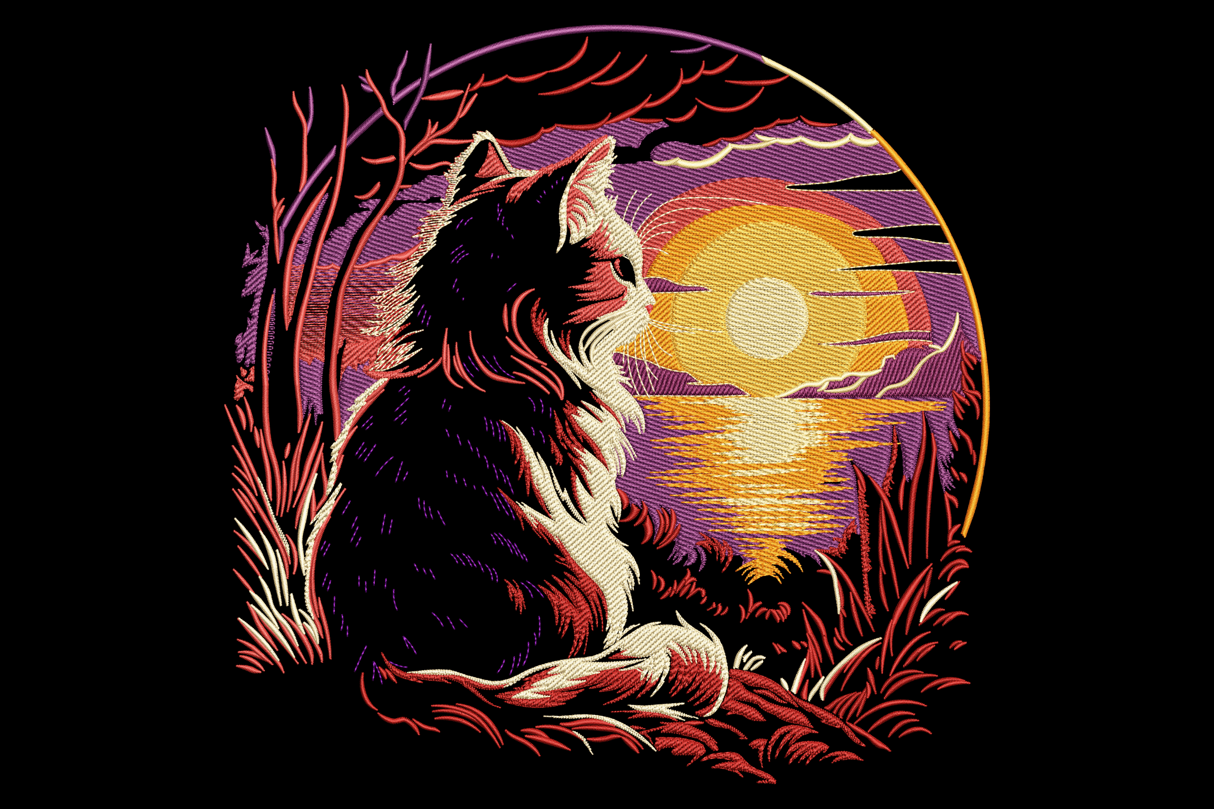Sunset Cat Silhouette – Mystical Landscape Machine Embroidery Design ...