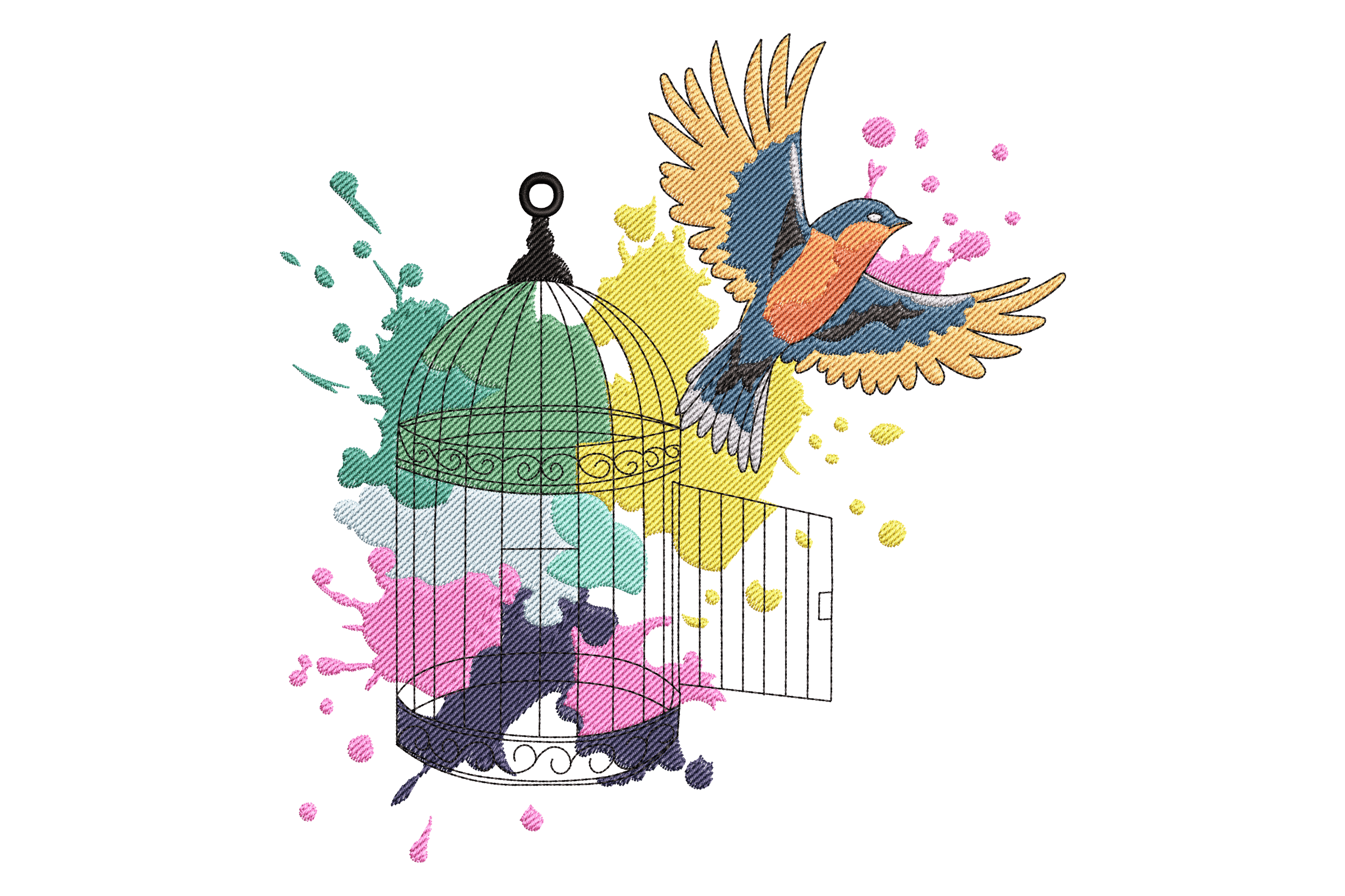 Bird Freedom Cage – Watercolor Bird Embroidery Design | Embroidize