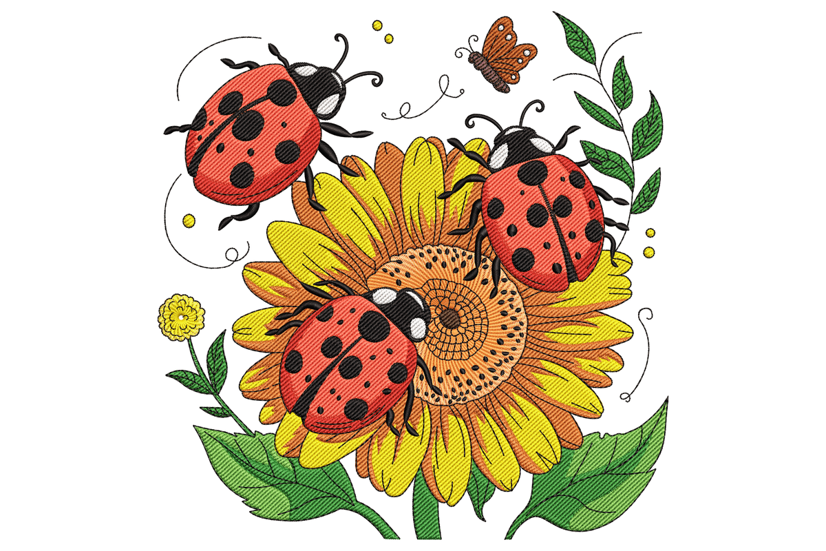 Ladybugs on Sunflower – Garden Machine Embroidery Design | Embroidize
