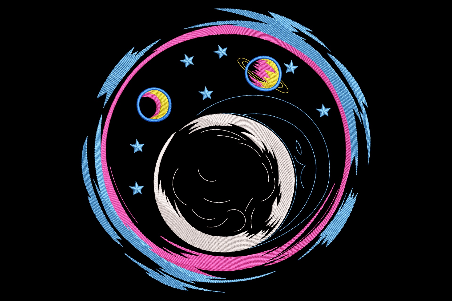 Cosmic Swirl Moon & Planets – Space Machine Embroidery Design | Embroidize