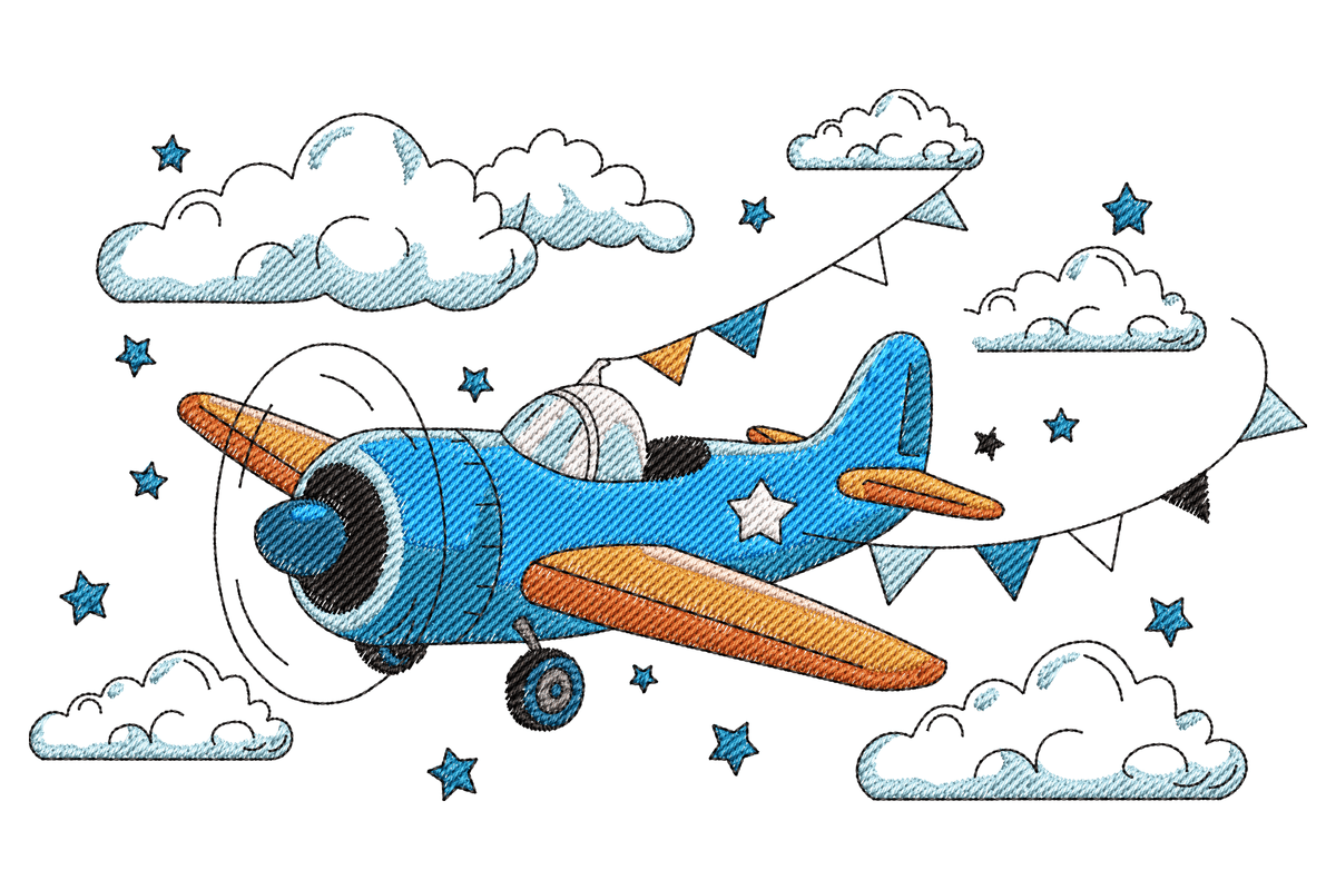 Vintage Blue Airplane with Clouds – Machine Embroidery Design | Embroidize
