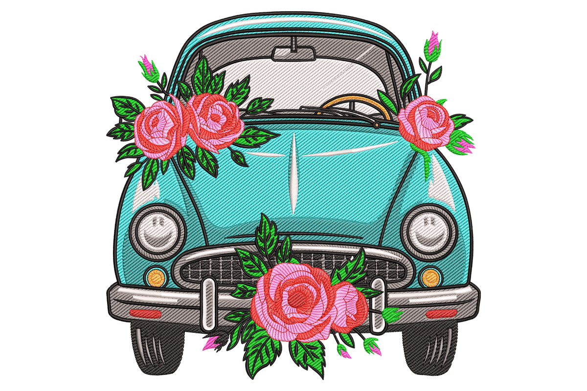 Floral Vintage Car – Roses Machine Embroidery Design | Embroidize