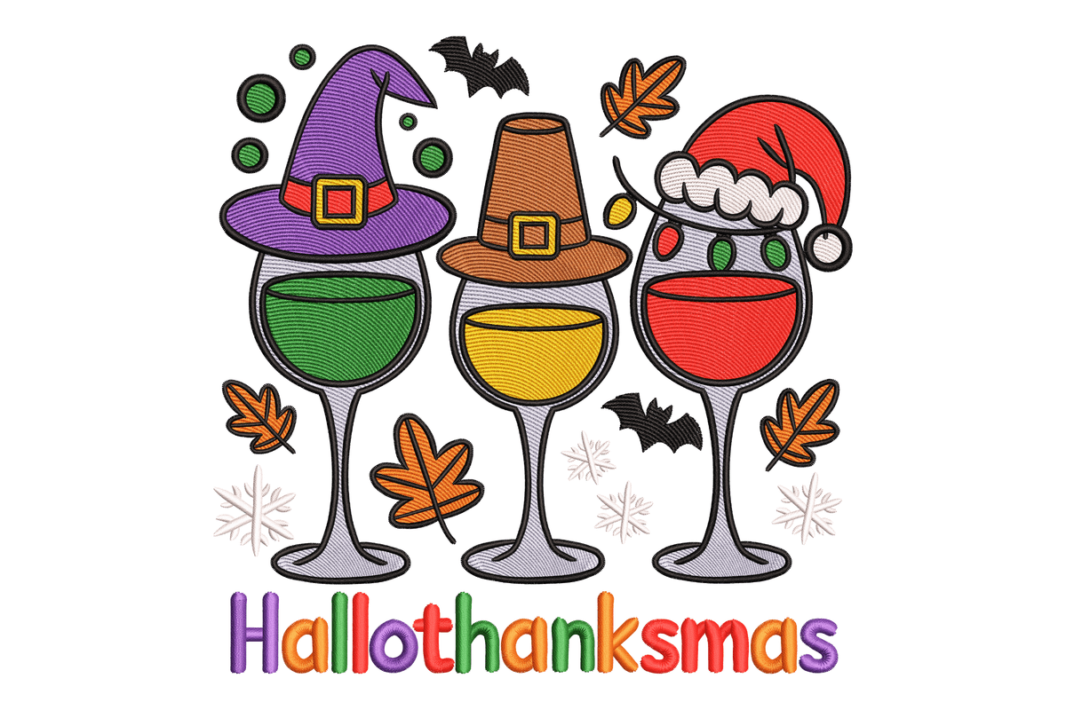 Hallothanksmas Wine – Multi‑Holiday Machine Embroidery Design | Embroidize
