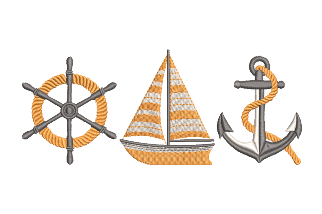Nautical Trio – Ship Wheel, Boat & Anchor | Embroidize