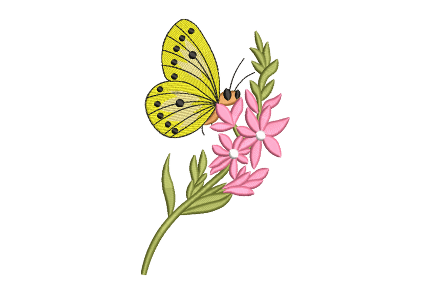 Yellow Butterfly on Pink Flowers Machine Embroidery Design | Embroidize